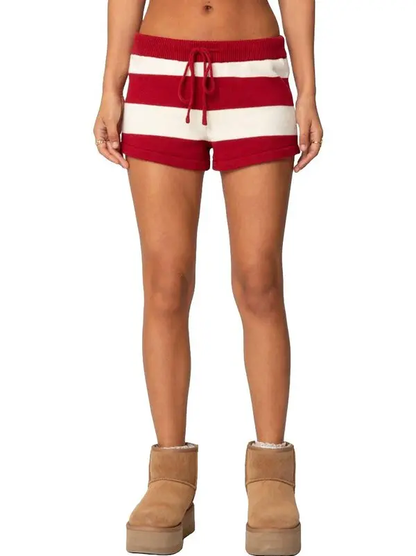 EDIKTED Riley Stripe Knit Shorts - Burgundy-and-cream