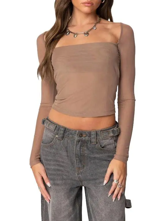 EDIKTED Marta Mesh Crop Top - Brown