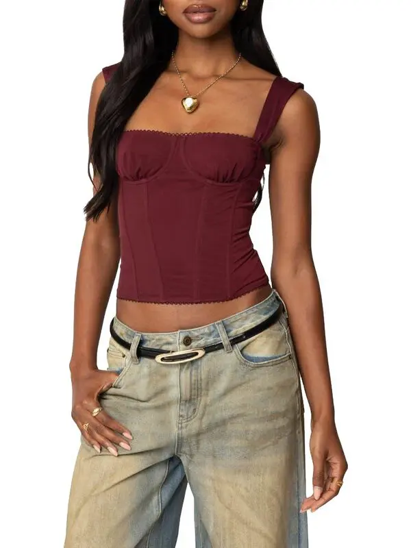EDIKTED Marcella Mesh Corset Tank Top - Burgundy