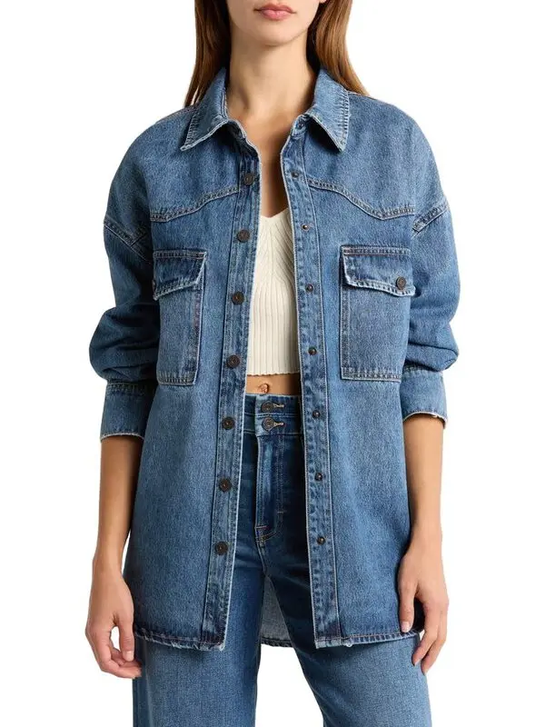 HIDDEN JEANS Oversized Western Denim Shirt - Medium Wash