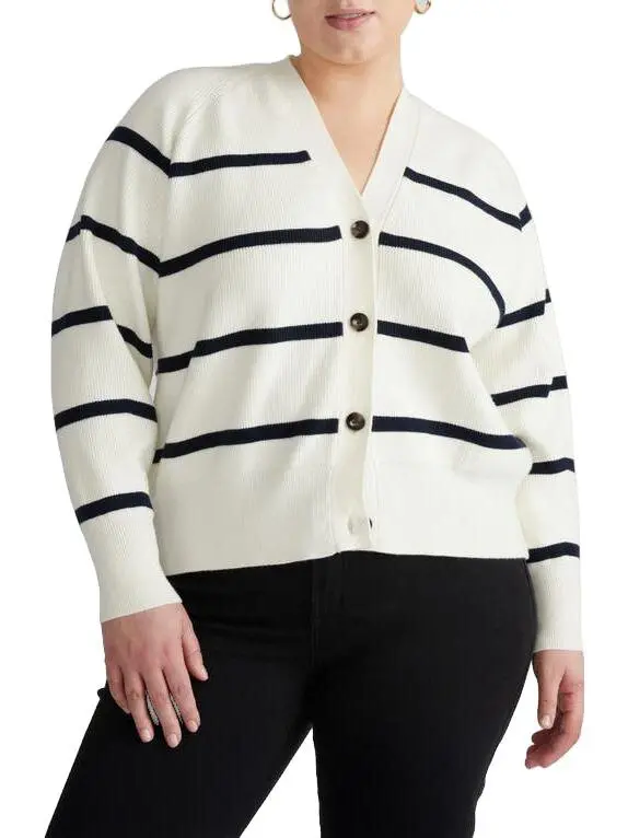 Universal Standard Ribbed Cardigan - White/ Navy Stripe