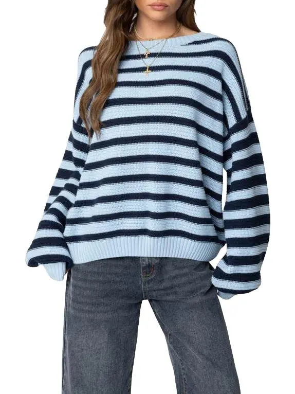 EDIKTED Aerin Oversized Striped Cotton Sweater - Blue-and-navy