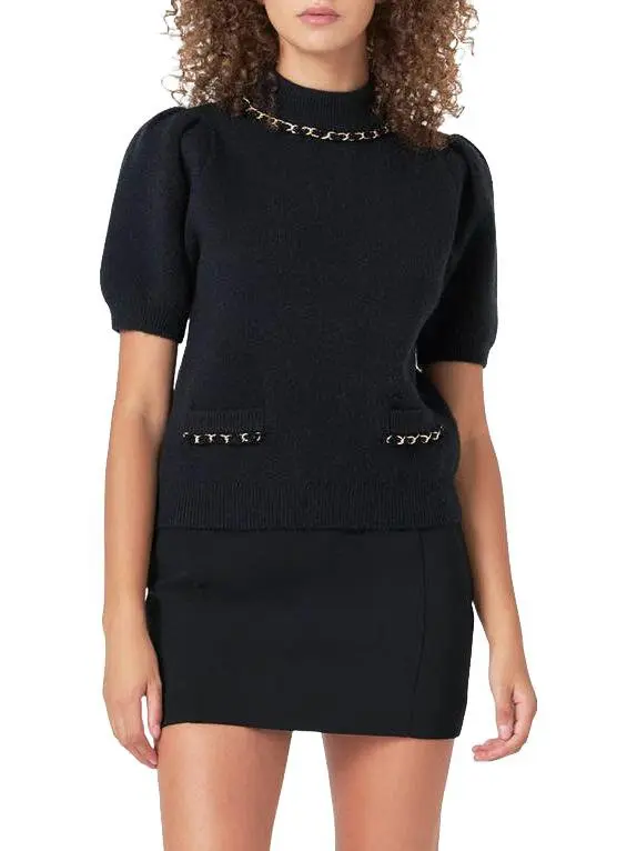 Endless Rose Chain Detail Puff Sleeve Sweater - Black