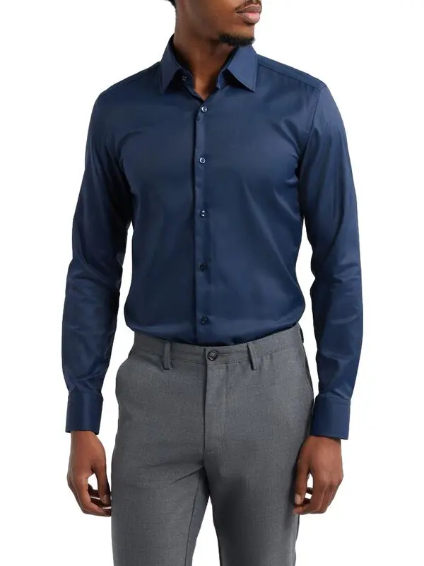 BOSS Hank Kent Performance Twill Dress Shirt - Dark Blue
