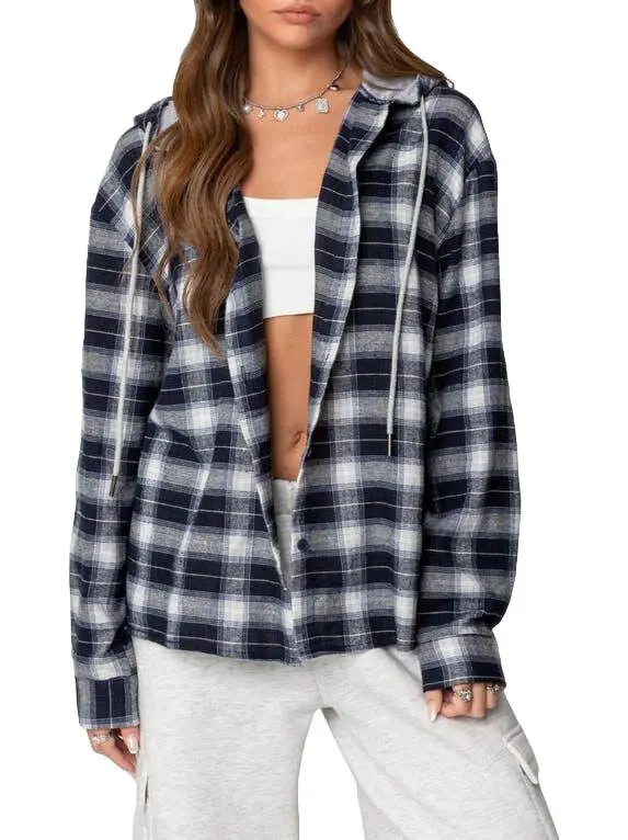 EDIKTED Plaid Cotton Blend Flannel Button-up Hoodie - Navy