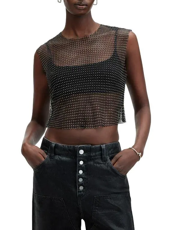 ALLSAINTS Calytrix Sparkle Mesh Crop Top - Black