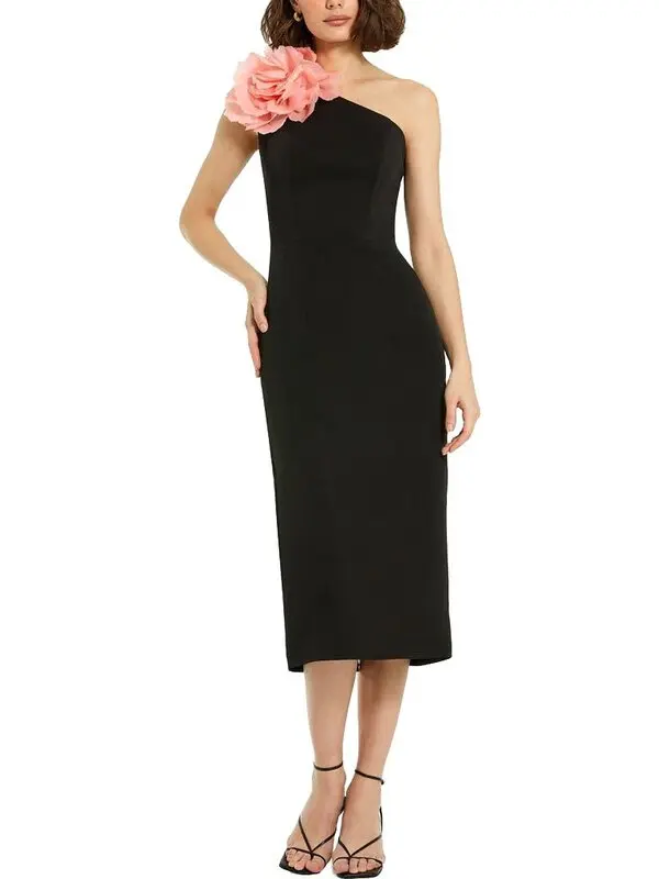 Mac Duggal Crepe One Shoulder Midi Dress With Flower - Black