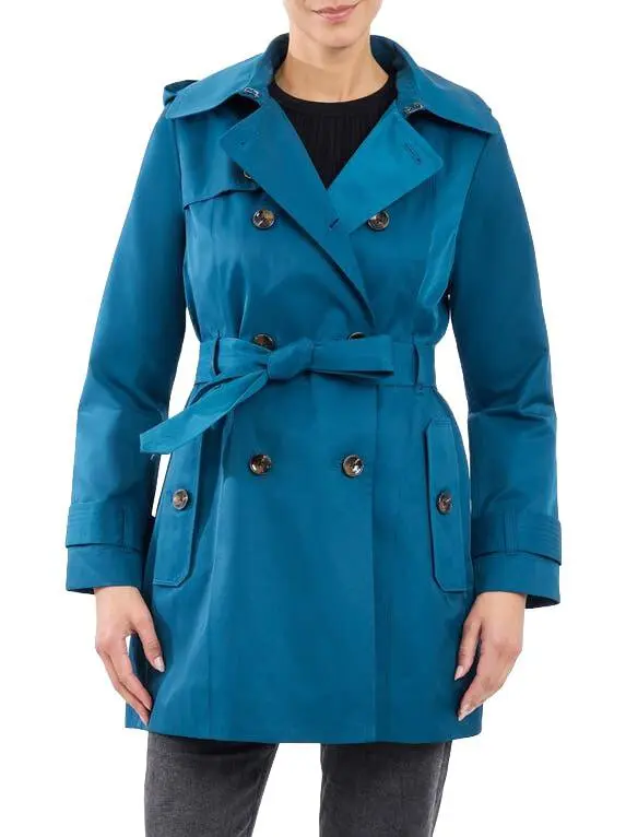 London Fog Hooded Double Breasted Trench Coat - Peacock