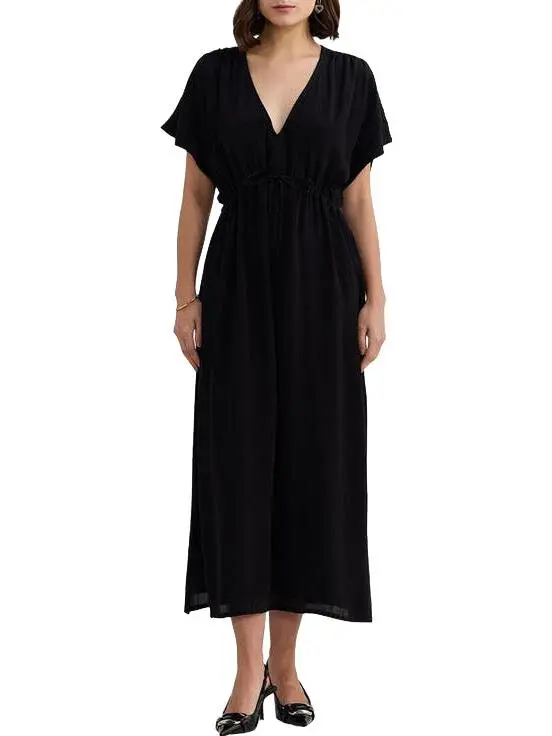 REISTOR V-neck Gathered Maxi Dress - Black