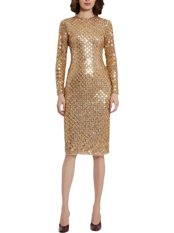 Mac Duggal Beaded Georgette Midi Dress - Antique Gold