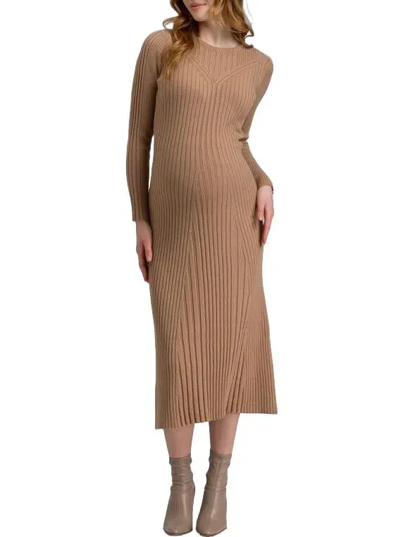 PIETRO BRUNELLI Long Sleeve Rib Midi Sweater Dress - Light/pastel Brown
