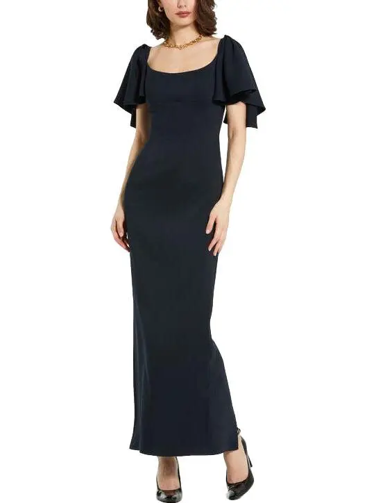 Mac Duggal Crepe Fitted Ankle-length Gown With Ruffle Sleeves - Navy