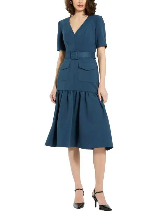 Mac Duggal Crepe Midi Dress With Belt And Pockets - Deep Blue