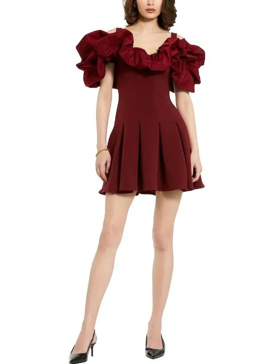 Mac Duggal Crepe Mini Dress With Faille Ruffle - Oxblood