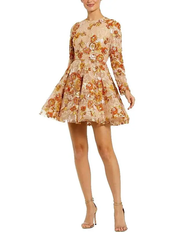 Mac Duggal High Neck Long Sleeve Sequin A-line Mini Dress - Nude Multi