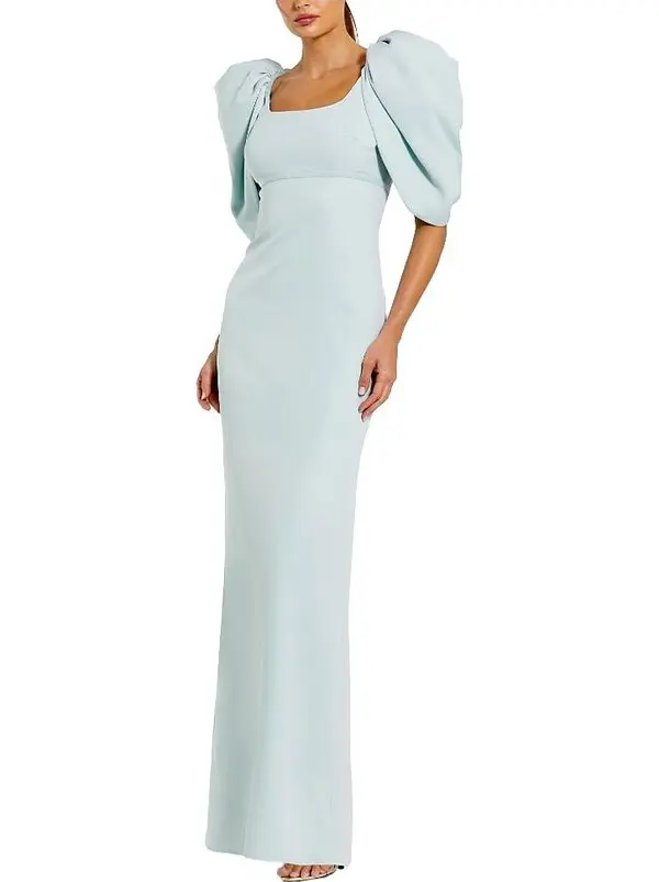 Mac Duggal Fitted Crepe Scoop Neck Gown With Puff Sleeves - Powder Blue