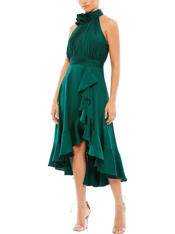 Mac Duggal Halter Neck Ruffled Midi Dress With Floral Detail - Emerald
