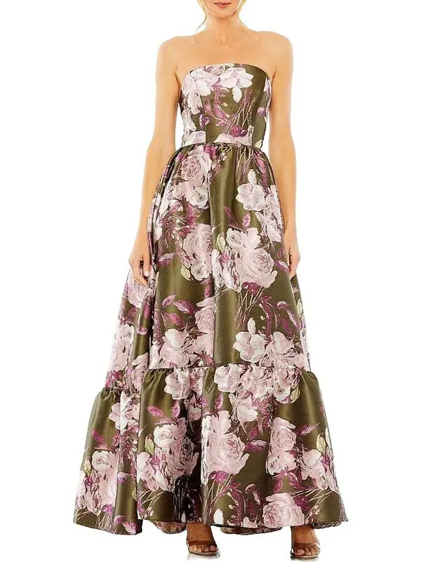 Mac Duggal Strapless Floral Gown - Olive Multi