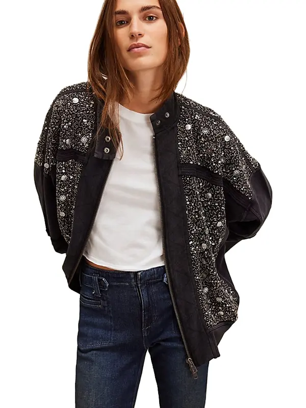 Free People Sequin Paneled Zip-up Sweatshirt - Black Combo