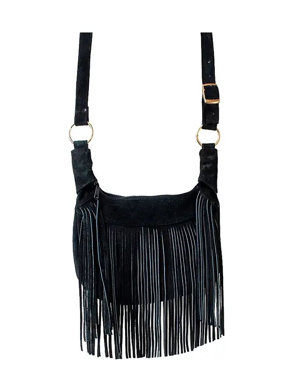 HIPPIESHOP Bohemian Suede Fringe Shoulder Bag - Black