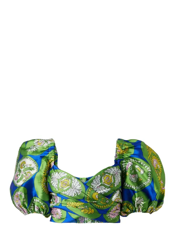 ALEMAIS Alémais Printed Balloon-sleeve Cropped Top - Green