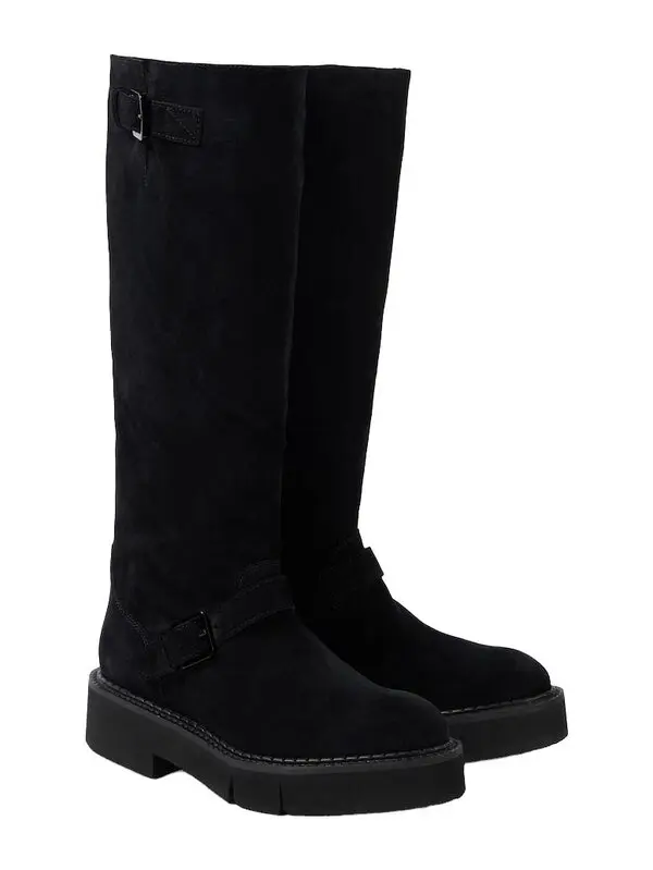 Clergerie Knee-high Suede Boots With Buckle Detail - Black