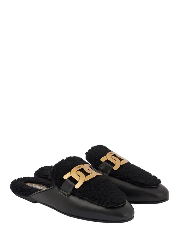 TOD'S Catena Kate Shearling And Leather Mules - Black