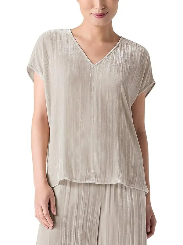 Eileen Fisher V-neck Velvet Top - Almond