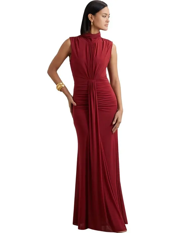 REISS Daniella Sheer Ruched Maxi Dress - Dark Red