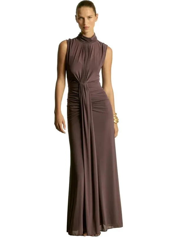 REISS Daniella Sheer Ruched Maxi Dress - Taupe