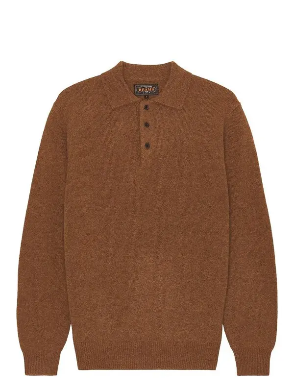 BEAMS Knit Polo 9g Sweater - Brown