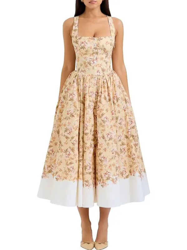 House Of Cb Alba Floral Stretch Cotton Midi Sundress - Sun Bleached