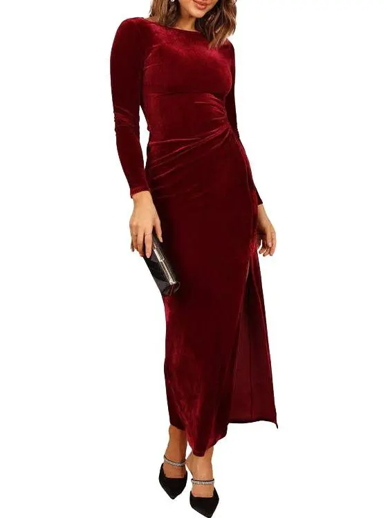 PETAL & PUP Sarine Velvet Maxi Cocktail Dress - Wine