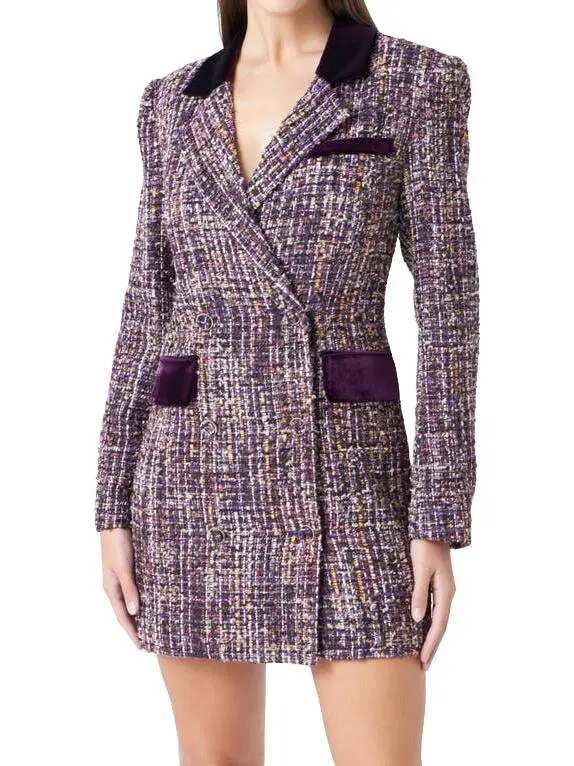 Endless Rose Velvet Trim Tweed Blazer Dress - Bordeaux