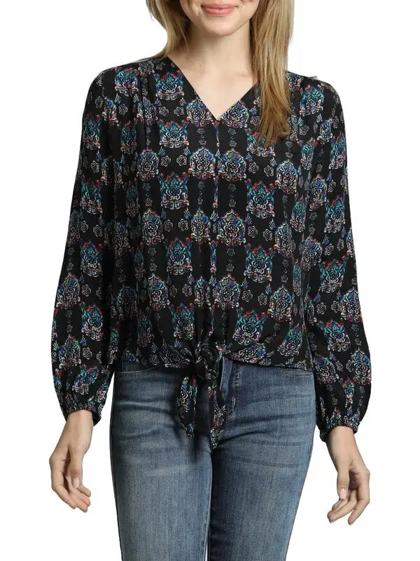 APNY Print Tie Front Top - Black Multi