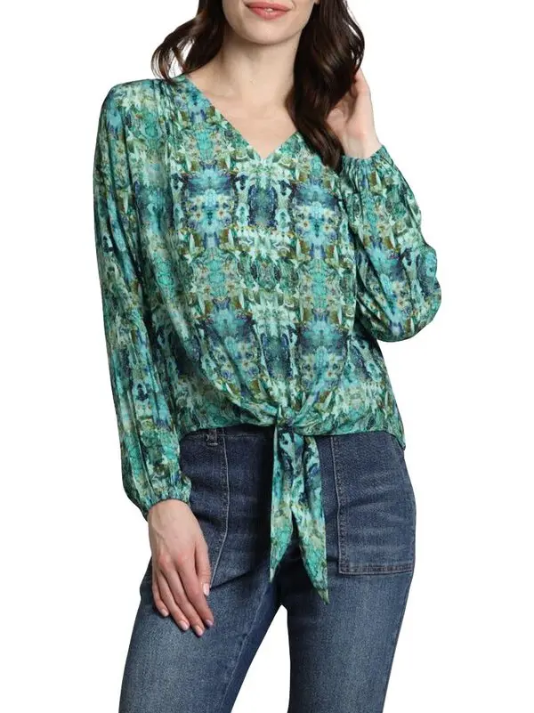APNY Print Tie Front Top - Green Multi