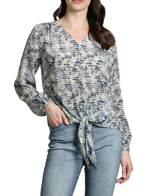 APNY Print Tie Front Top - Grey Multi
