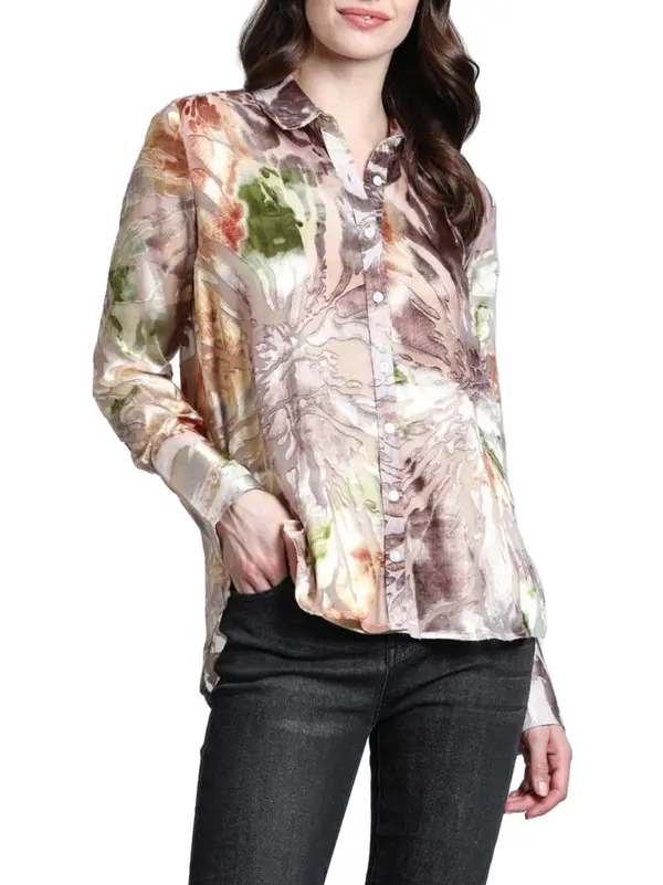 APNY Velvet Burnout Sheer Shirt - Beige Multi