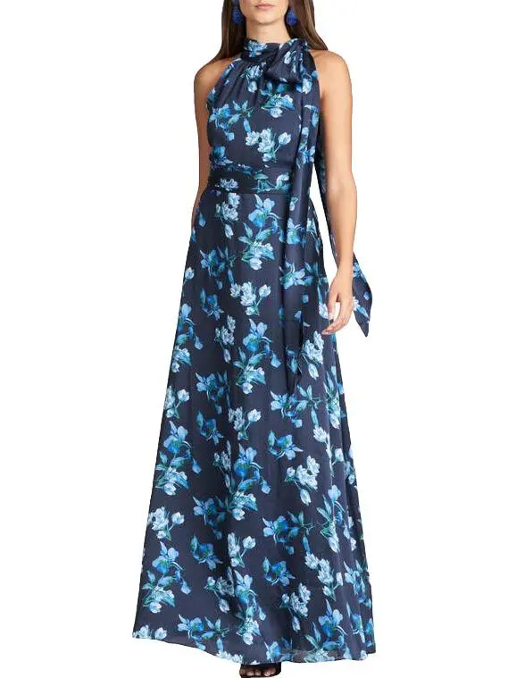 Sachin & Babi Kayla Floral Crinkle Georgette Gown - Night Sky Venetian Petal