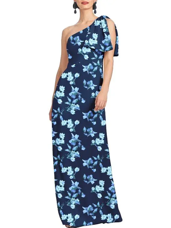 Sachin & Babi Chelsea Floral Print One-shoulder Gown - Night Sky Venetian Petal