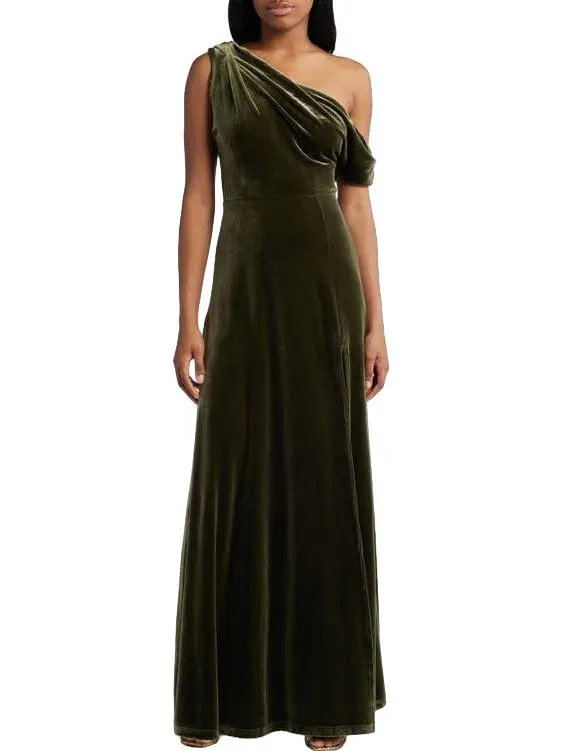 Lulus One-shoulder Velvet Gown - Olive
