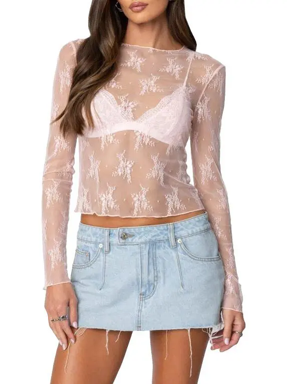 EDIKTED Lise Sheer Floral Lace Top - Light-pink