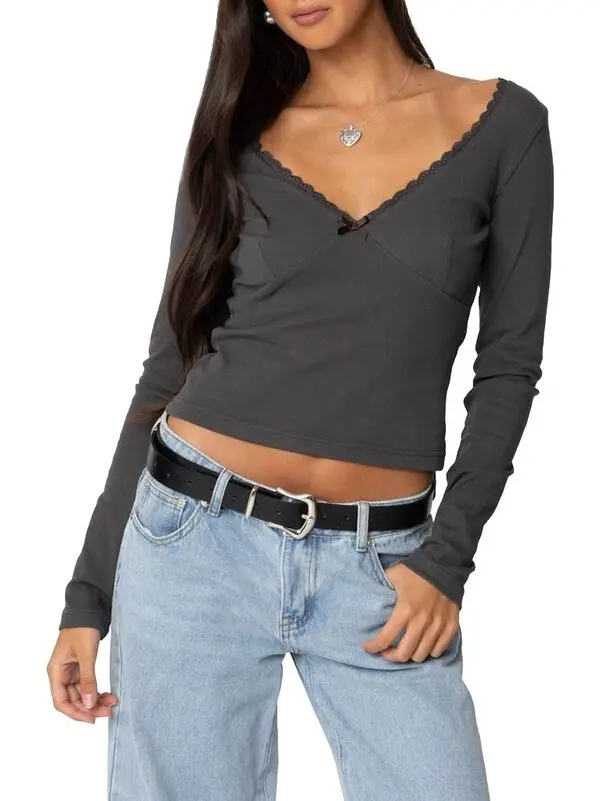 EDIKTED Adrienne Lace Trim Top - Dark-gray