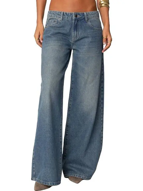 EDIKTED Vyxen Bow Print Wide Leg Jeans - Blue-vintage-washed