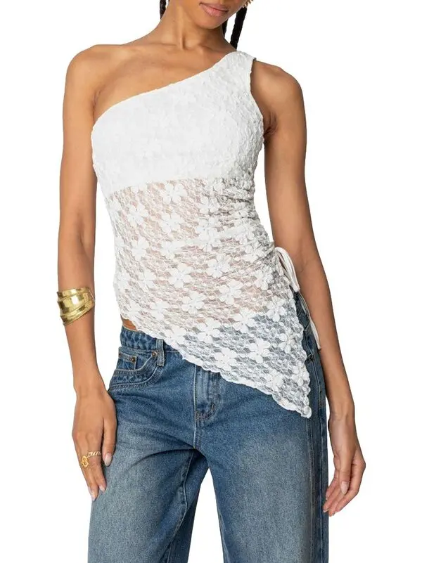EDIKTED Sheer Lace One-shoulder Top - White