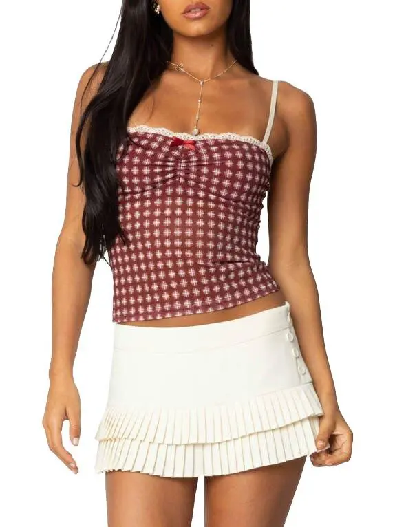 EDIKTED Check Mesh Camisole - Burgundy
