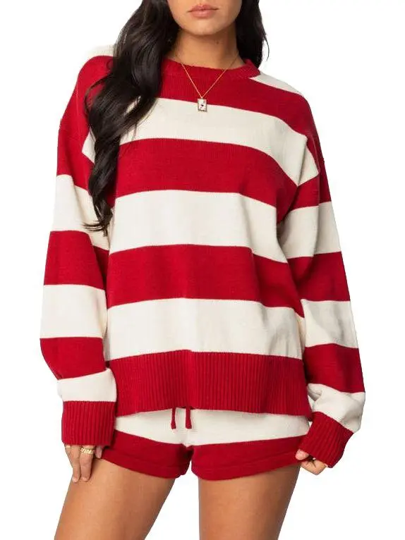 EDIKTED Riley Stripe Oversize Sweater - Burgundy-and-cream