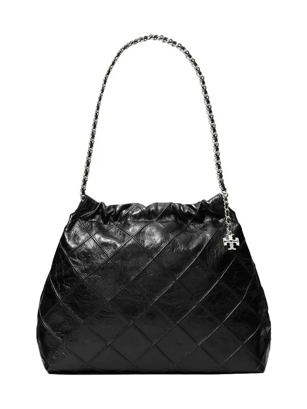 Tory Burch Fleming Distressed Quilted Leather Hobo Bag - Black
