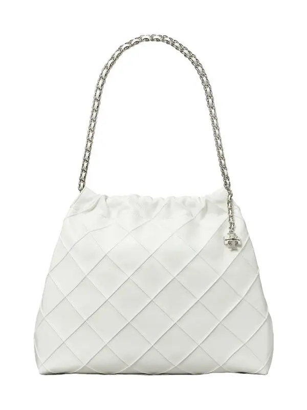 Tory Burch Fleming Distressed Quilted Leather Hobo Bag - Blanc