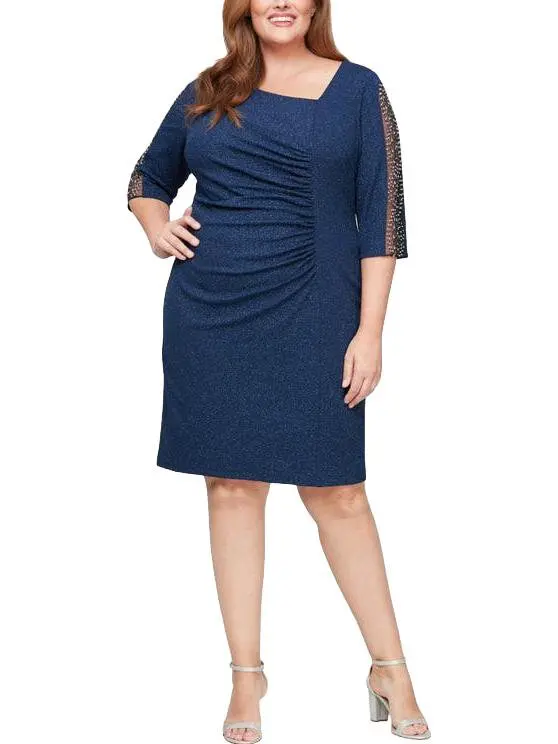 SL FASHIONS Metallic Asymmetric Neck Sheath Dress - Navy